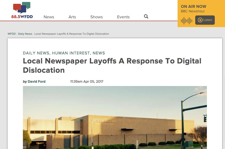 Scott weighs in for NPR report on recent newspaper layoffs | Today at ...